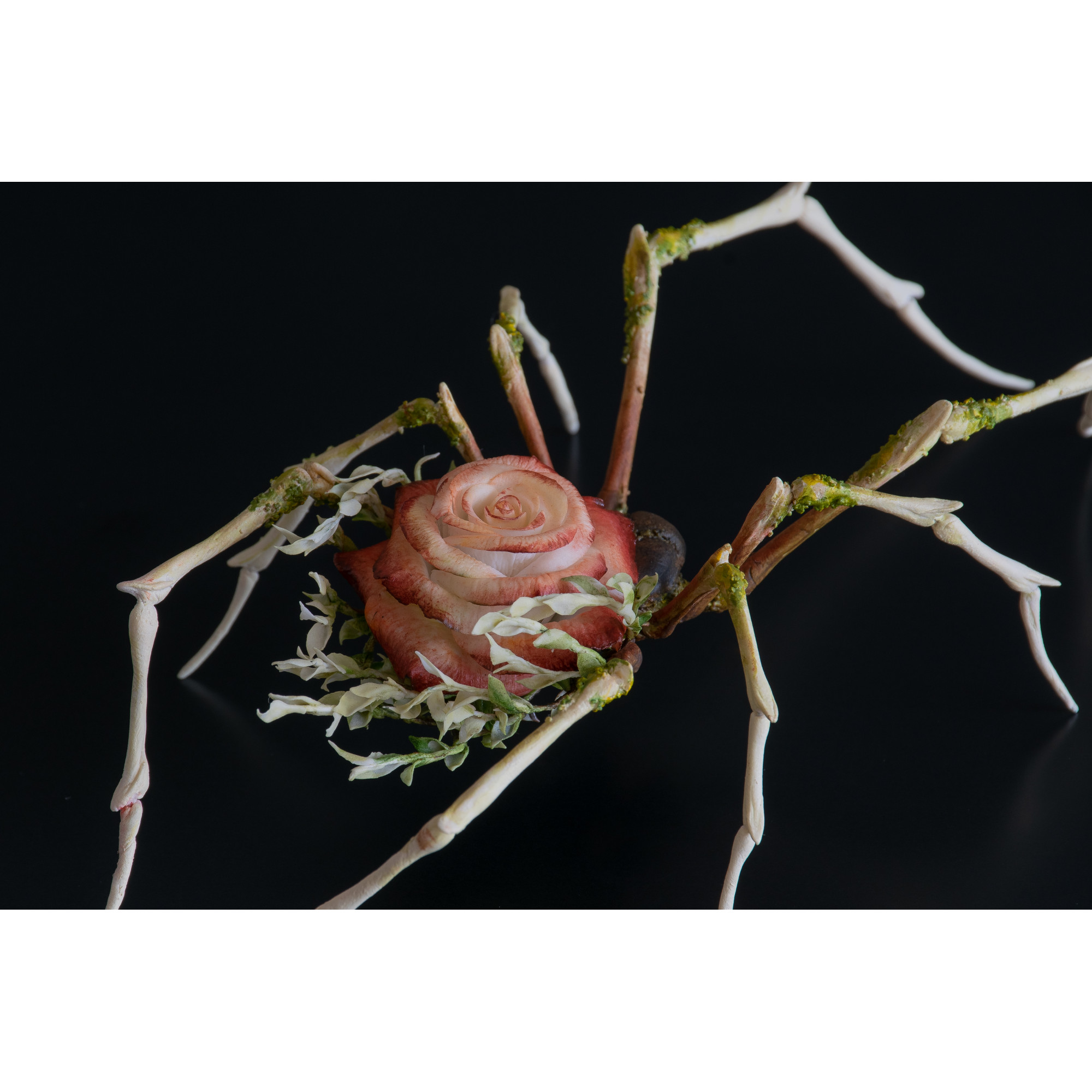 Collectible Handmade spider sculpture with a rose made of air clay.