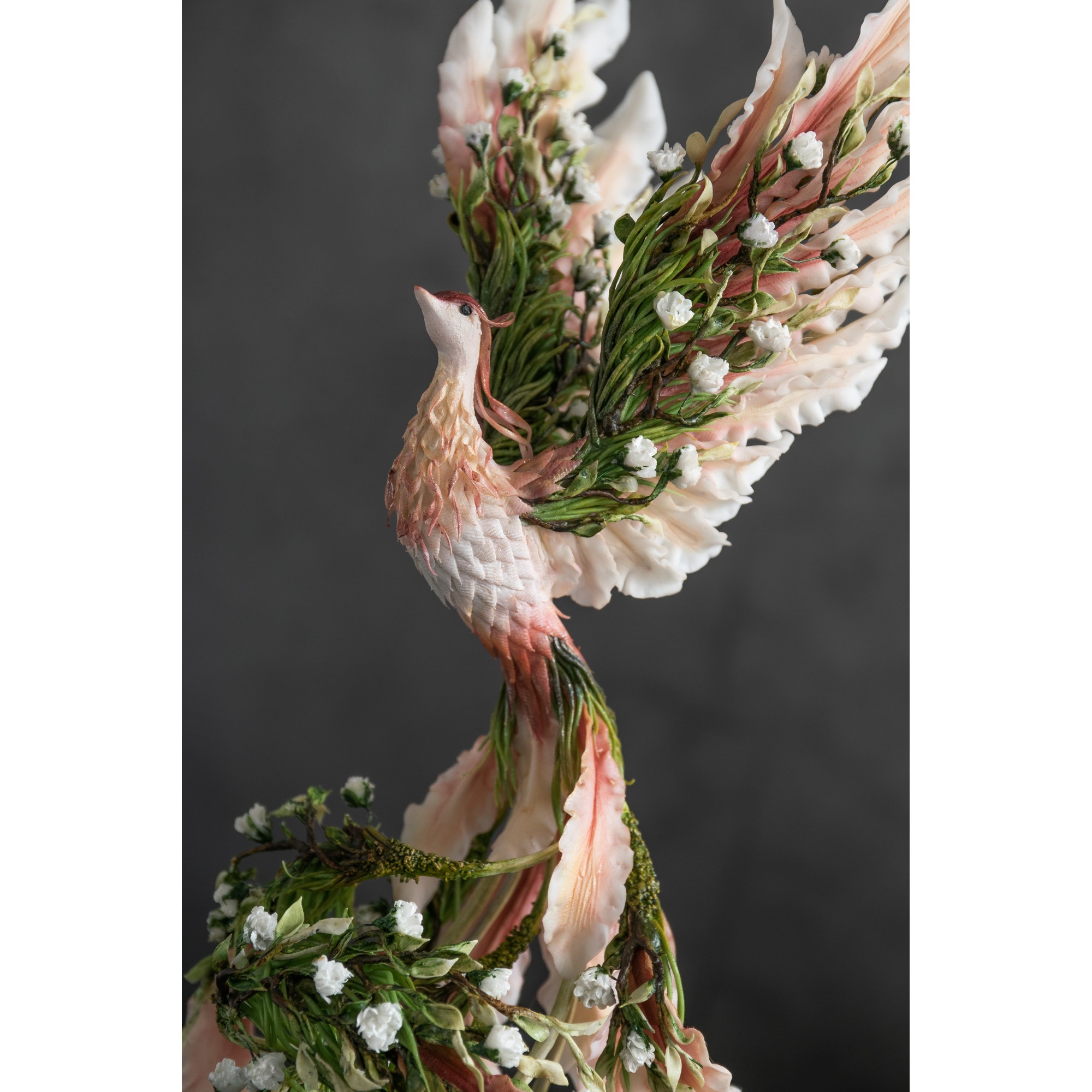 Collectible Handmade Phoenix Statue bird made of clay. Pink and green bird