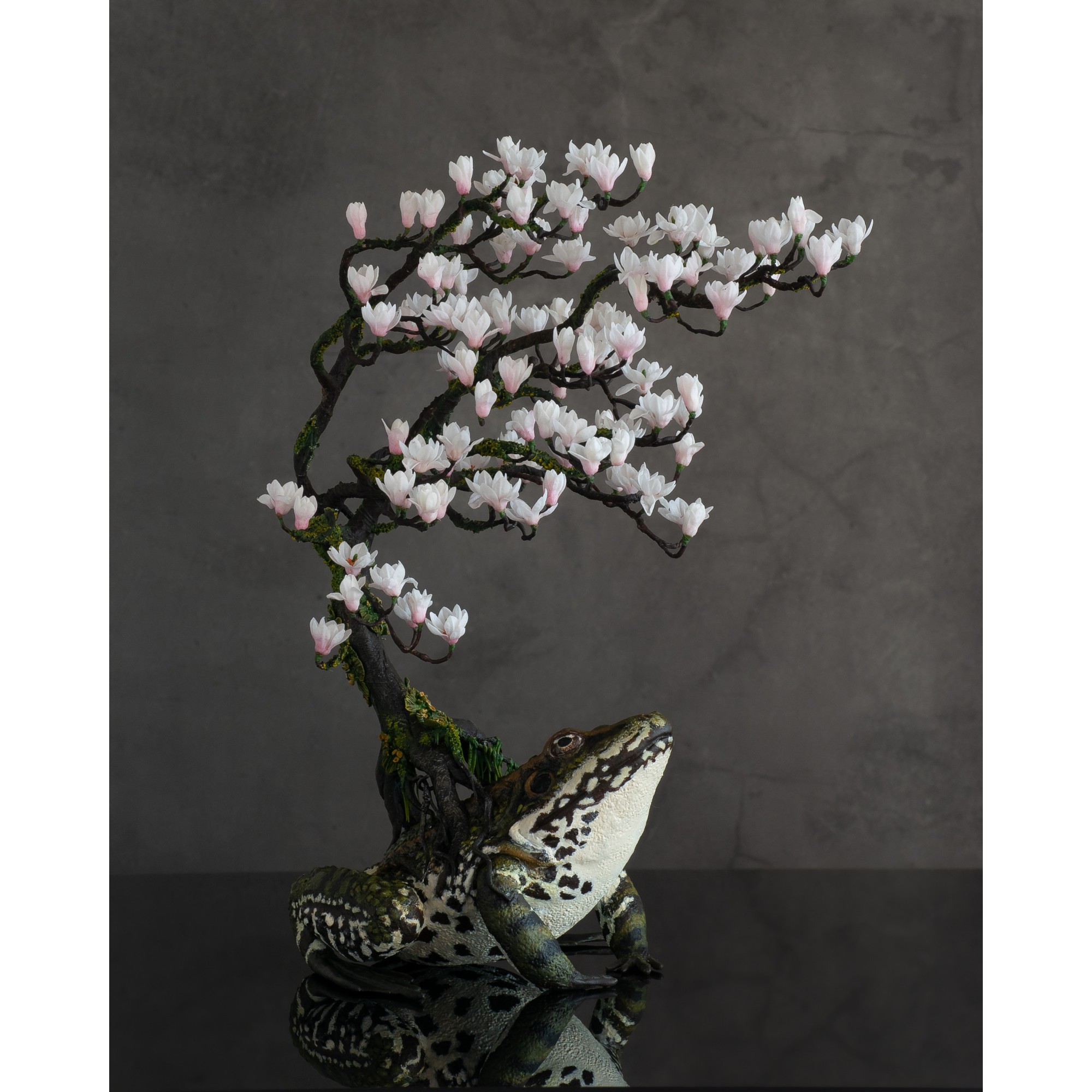 Collectible frog sculpture with magnolia tree. Handmade fantasy OOAK