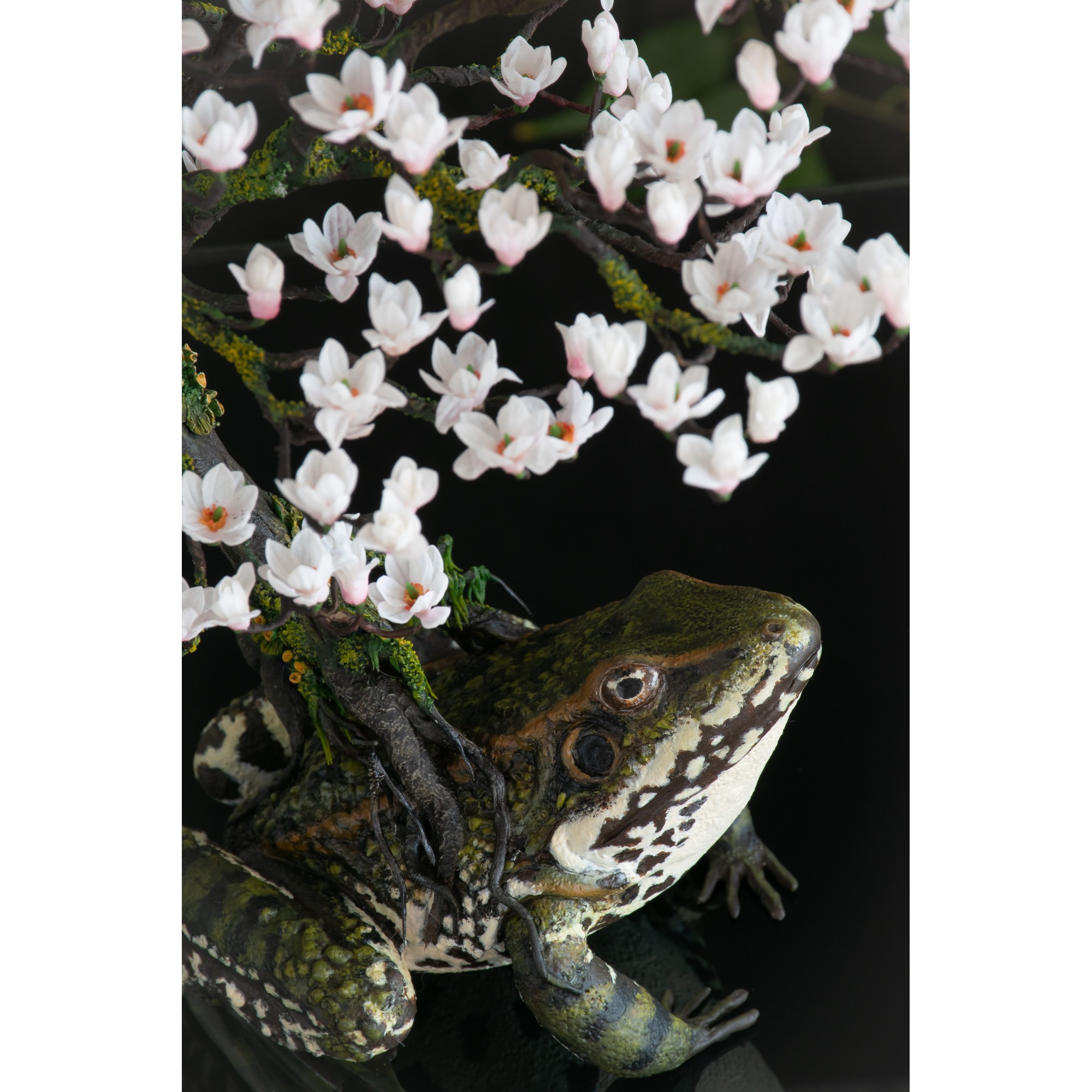 Collectible frog sculpture with magnolia tree. Handmade fantasy OOAK