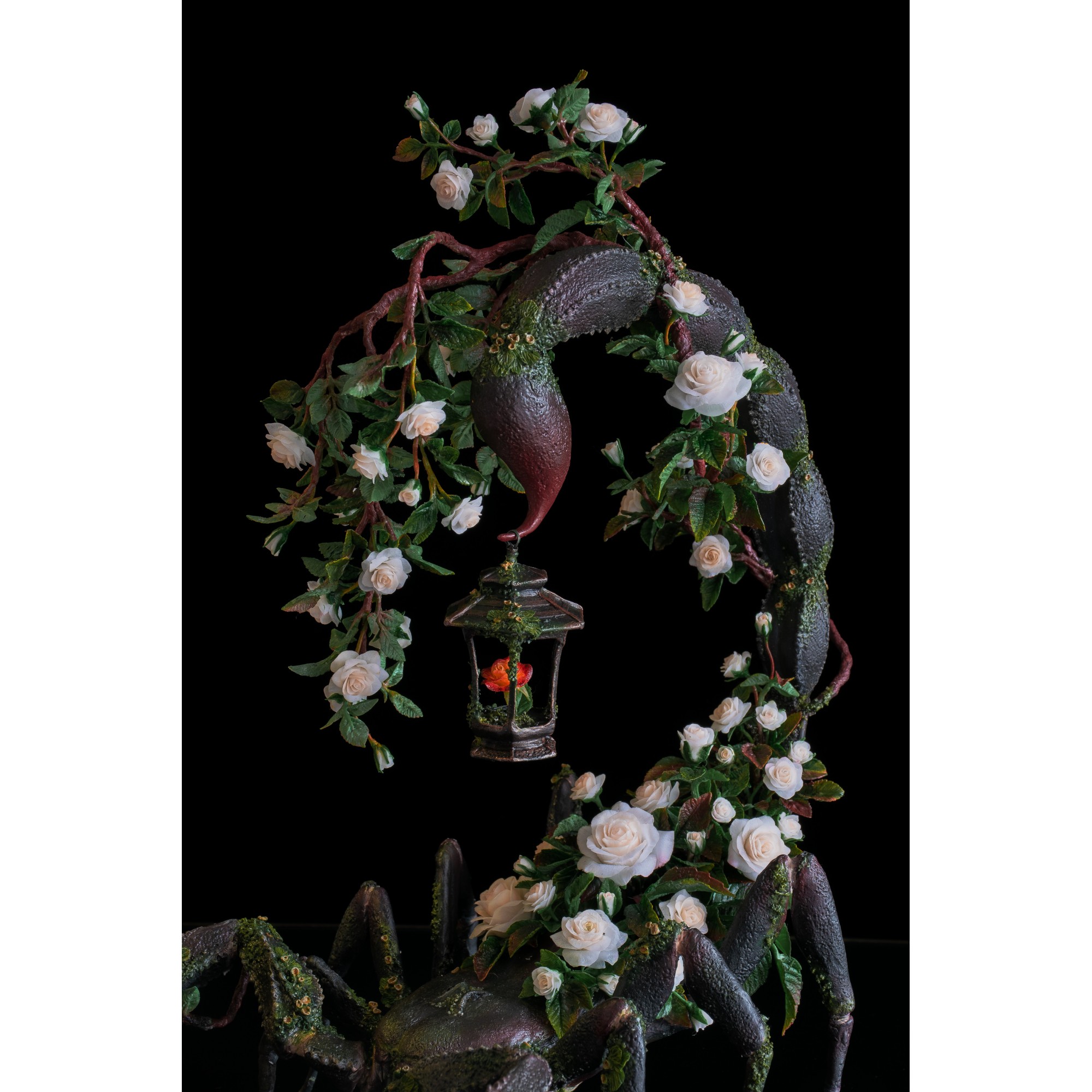 Collectible Scorpion sculpture with white roses, fantasy OOAK