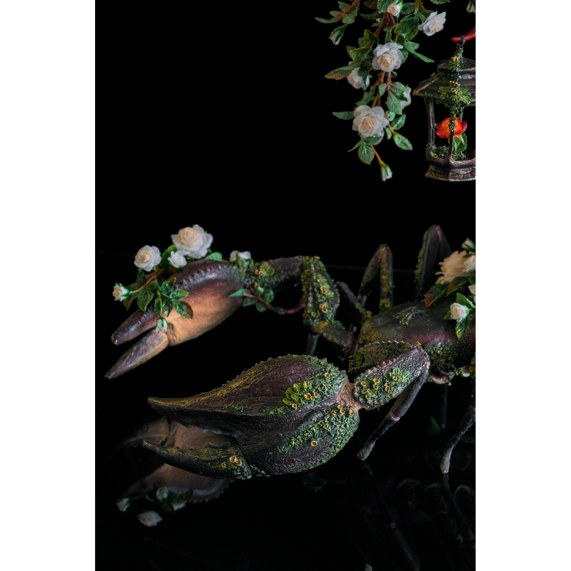 Collectible Scorpion sculpture with white roses, fantasy OOAK