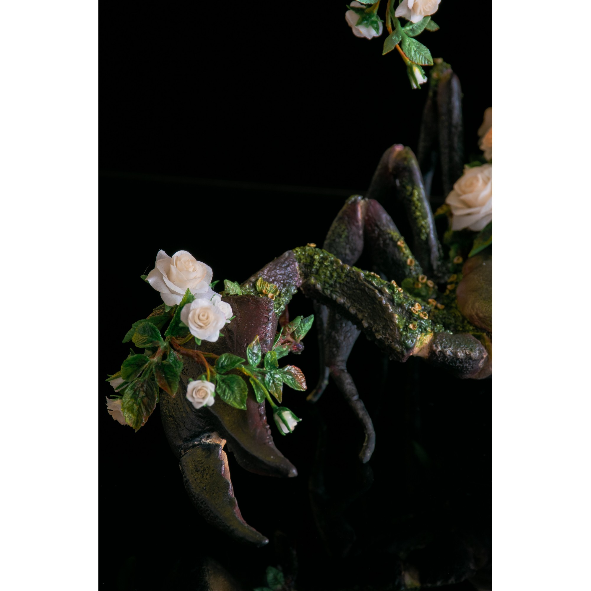 Collectible Scorpion sculpture with white roses, fantasy OOAK