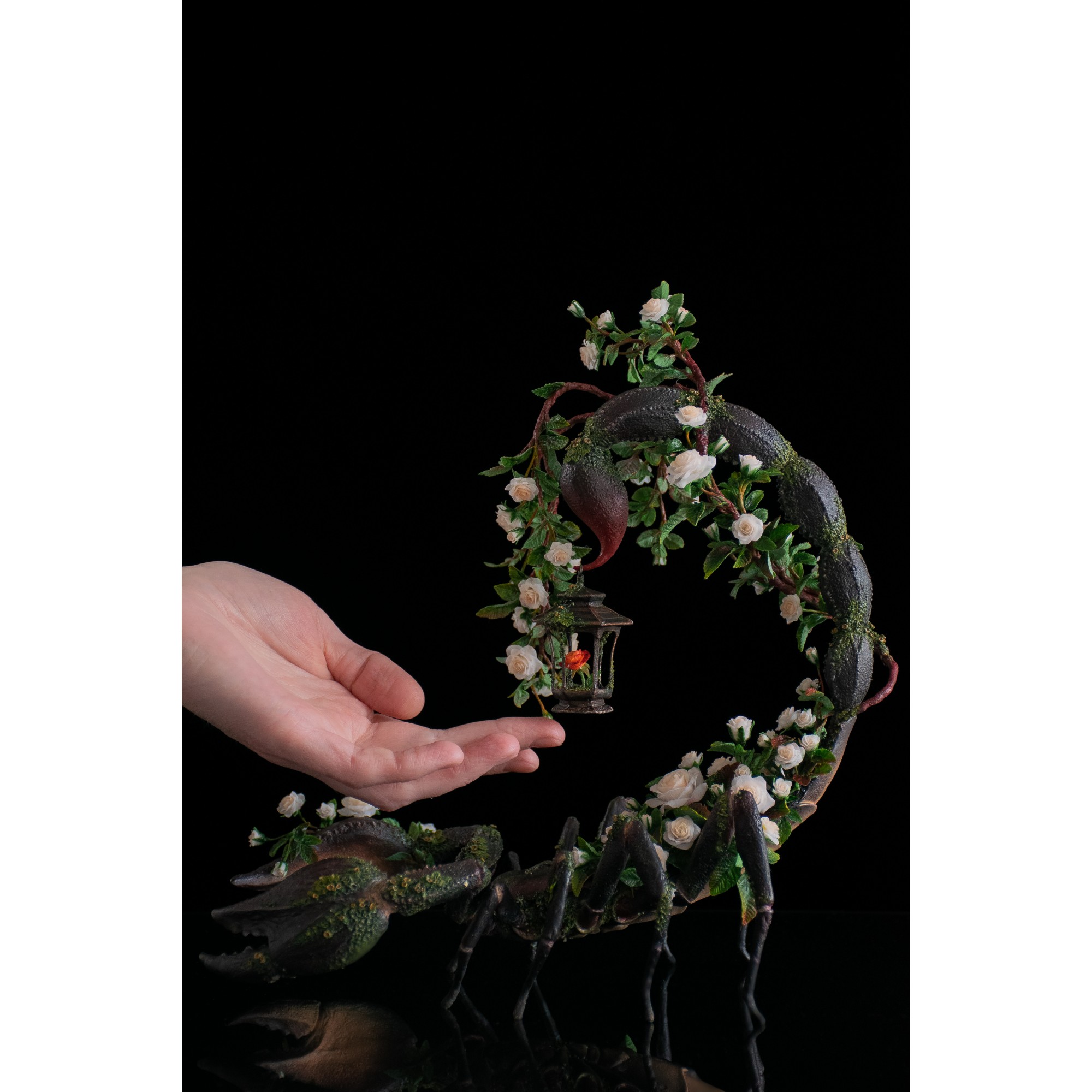 Collectible Scorpion sculpture with white roses, fantasy OOAK