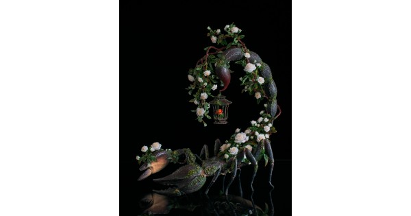 Collectible Scorpion sculpture with white roses, fantasy OOAK