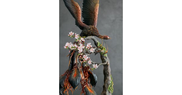 Collectible phoenix statue bird with sakura tree. Black fire bird