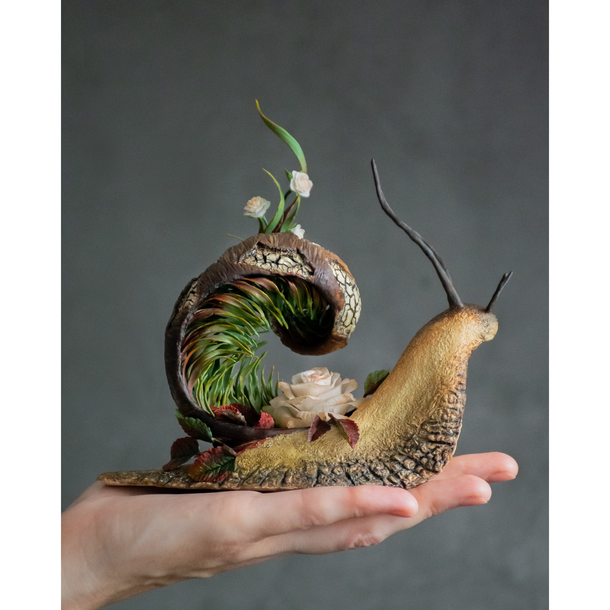 Collectible snail sculpture with roses. Handmade fantasy OOAK